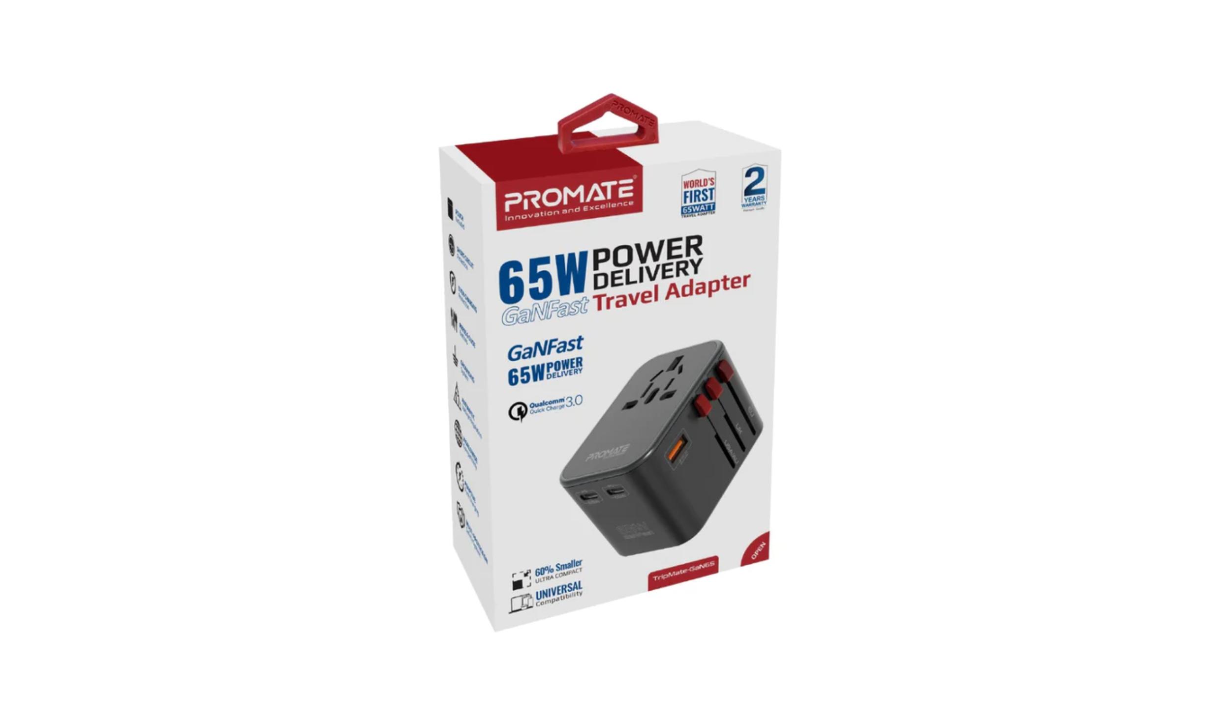 Promate TripMate-GaN65 65W Power Delivery GaNFast™ Travel Adapter ...